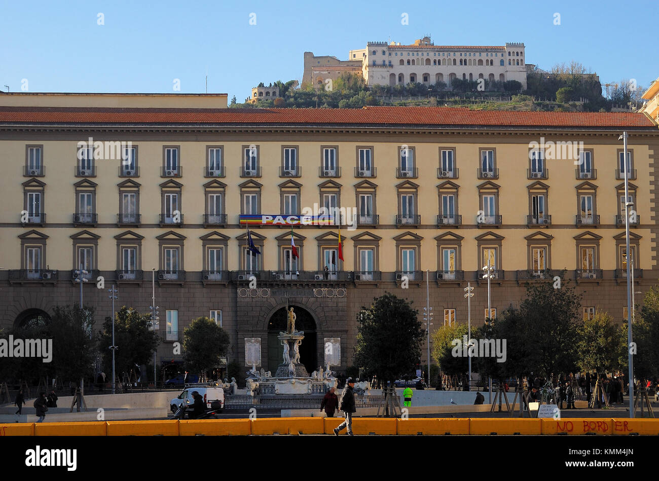 Piazza Municipio, Naples, Italy. Palazzo San Giacomo, the City Hall. In the background Certosa ...