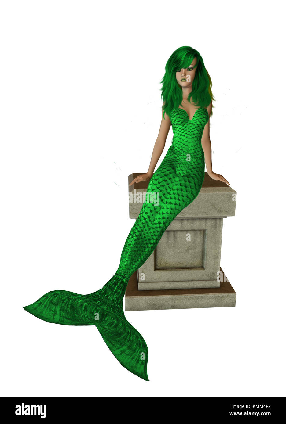 Lime green mermaid sitting on a pedestal on a white background Stock ...