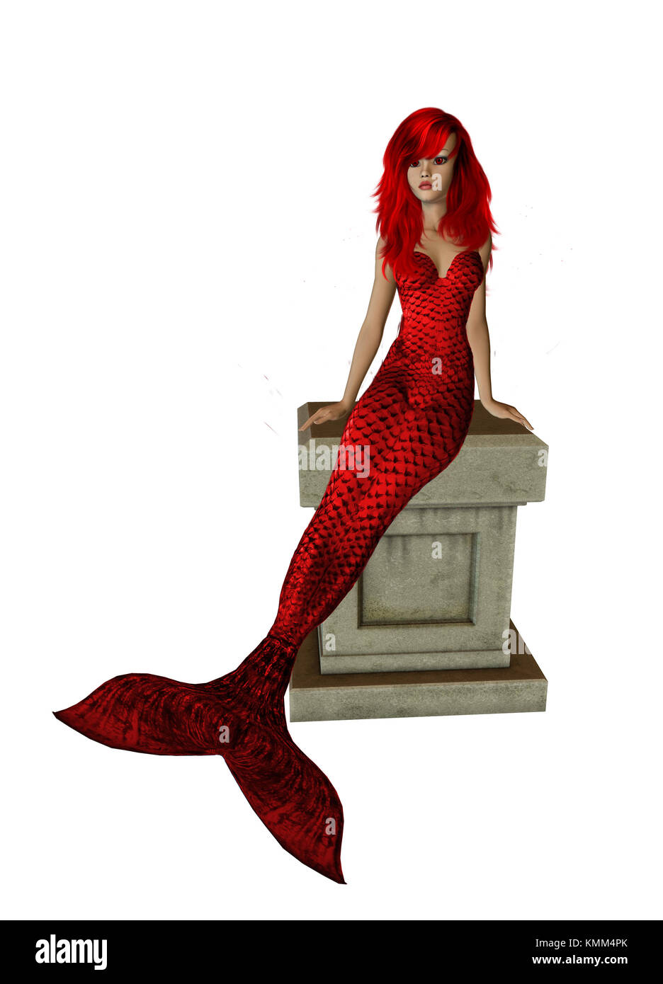 Red mermaid sitting on a pedestal on a white background Stock Photo - Alamy