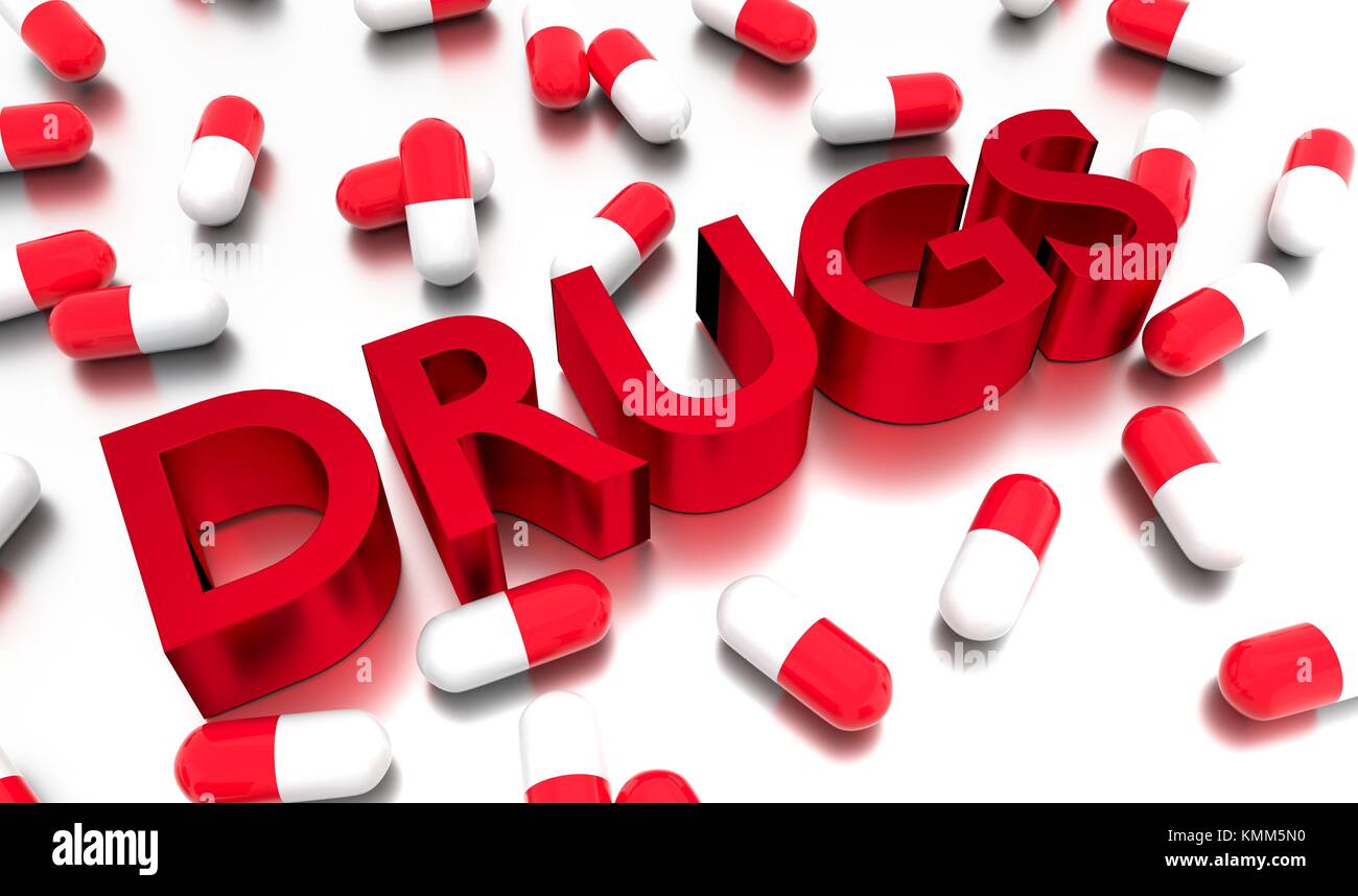 Medication capsules around Drugs 3D text Stock Photo - Alamy