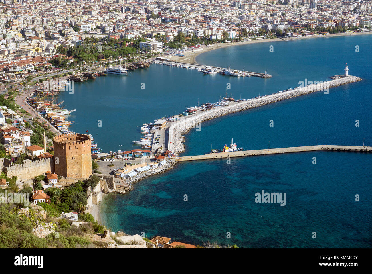 The red tower (Kizil Kule) at the harbour, landmark of Alanya, turkish ...