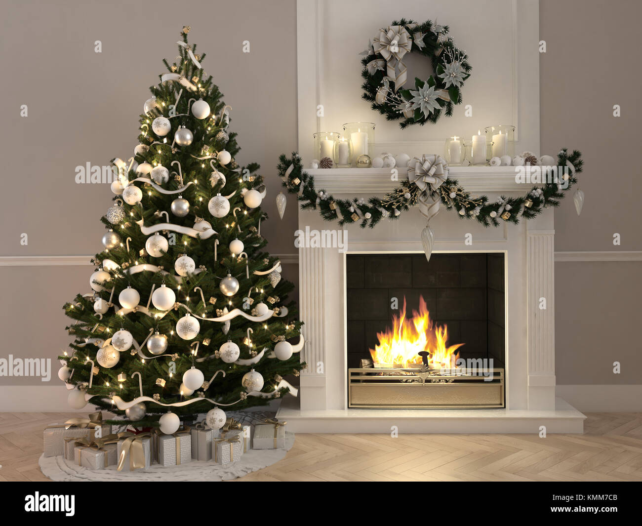 3d rendering. christmas scene with decorated tree and fireplace Stock ...