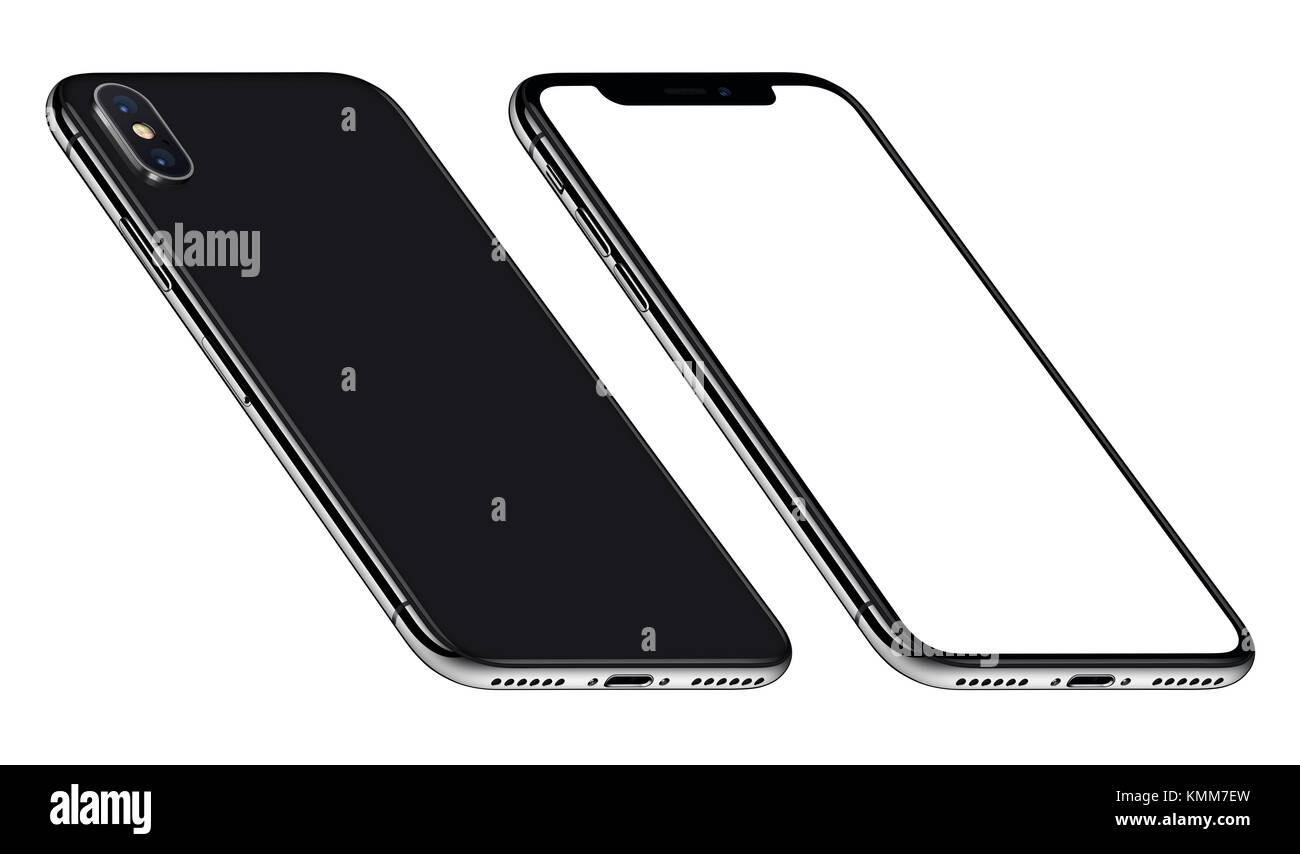 Black perspective smartphone similar to iPhone X mockup front and back ...