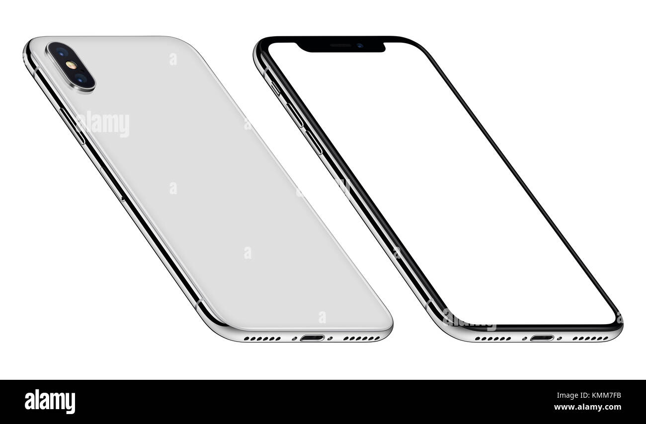 White perspective smartphone similar to iPhone X mockup front and back ...