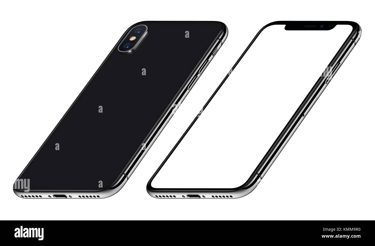 Black perspective smartphone similar to iPhone X mockup front and back ...