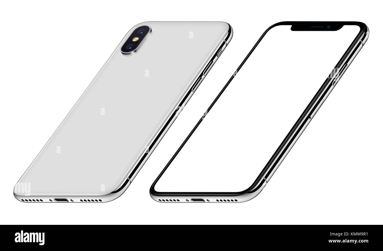 White perspective smartphone similar to iPhone X mockup front and back ...