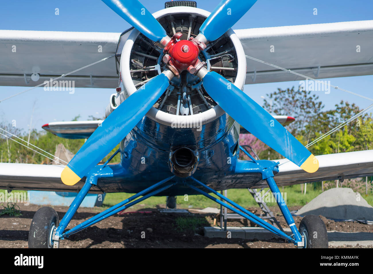 biplane blue color front close-up view Stock Photo - Alamy