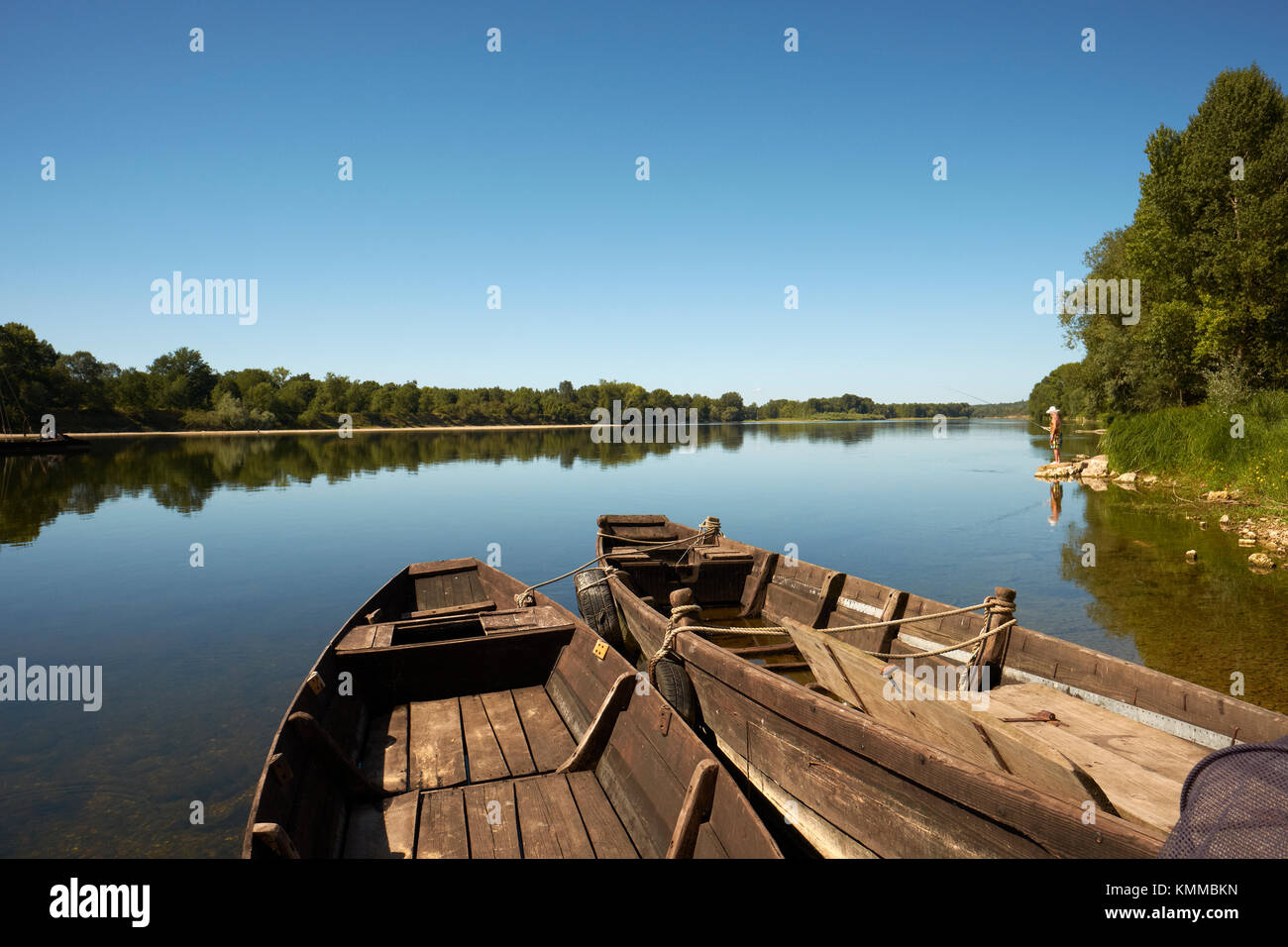 Traditional wooden flat bottomed boats on the River Loire in the Loire ...