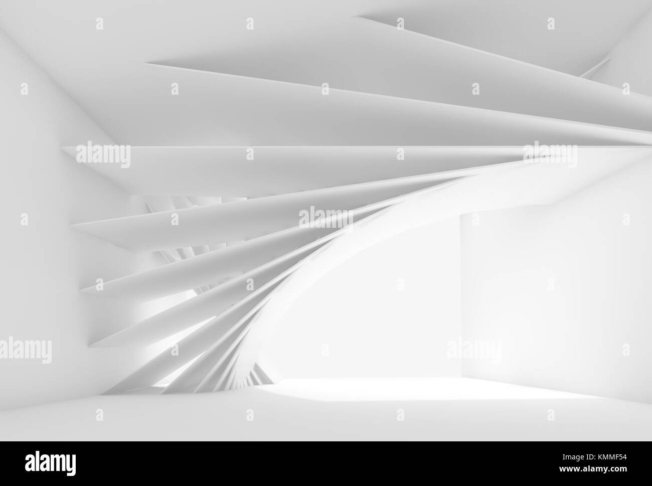 Abstract white empty interior with geometric installation. 3d ...
