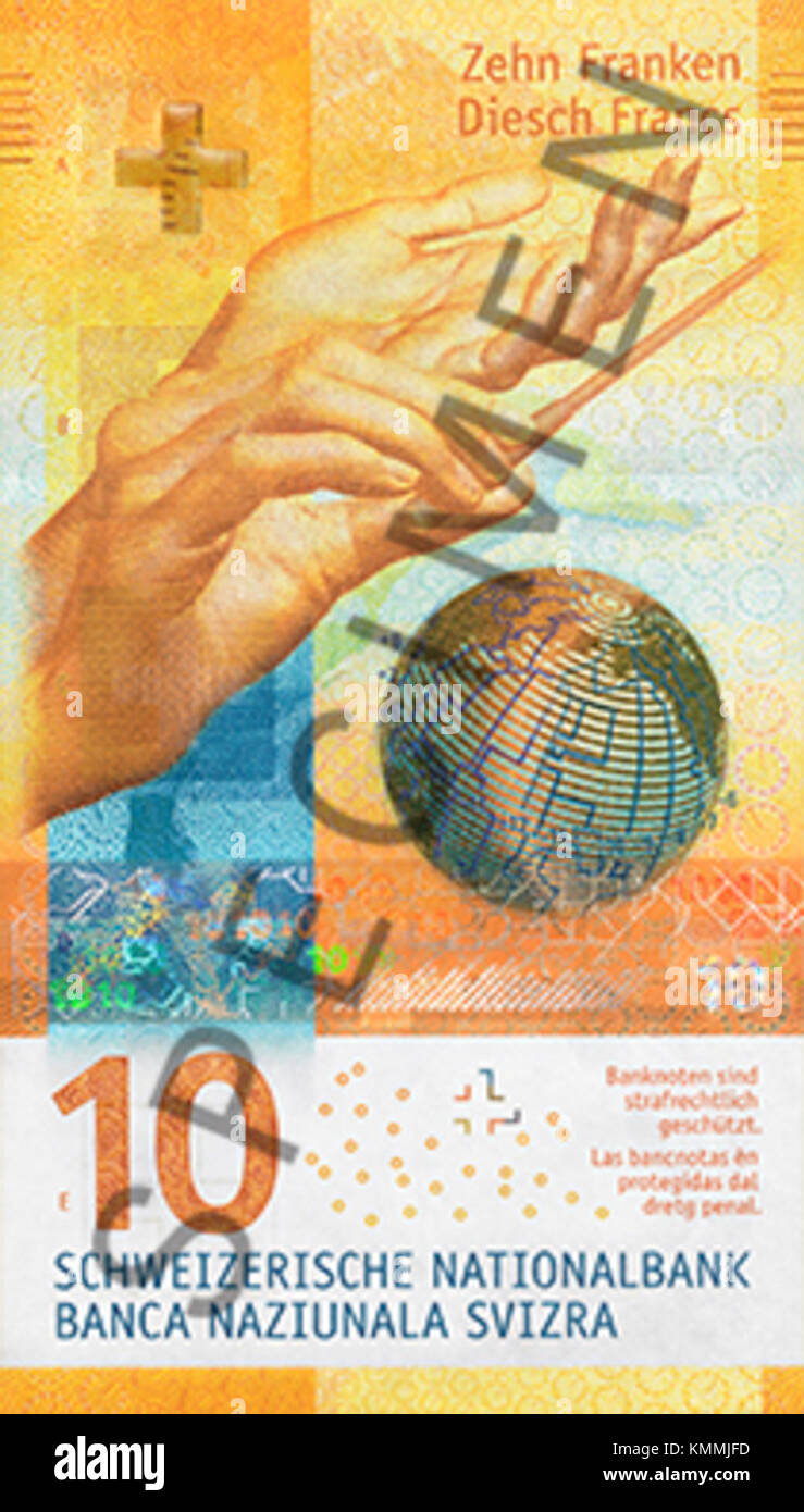This image shows the front of a CHF 10 banknote, highlighting its ...