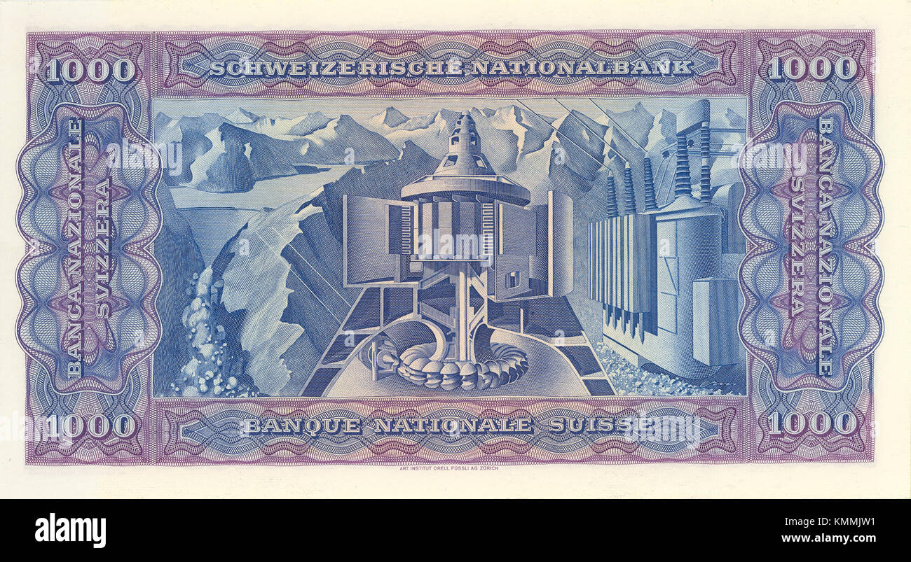 This image features a horizontal display of CHF 1000 banknotes. The ...