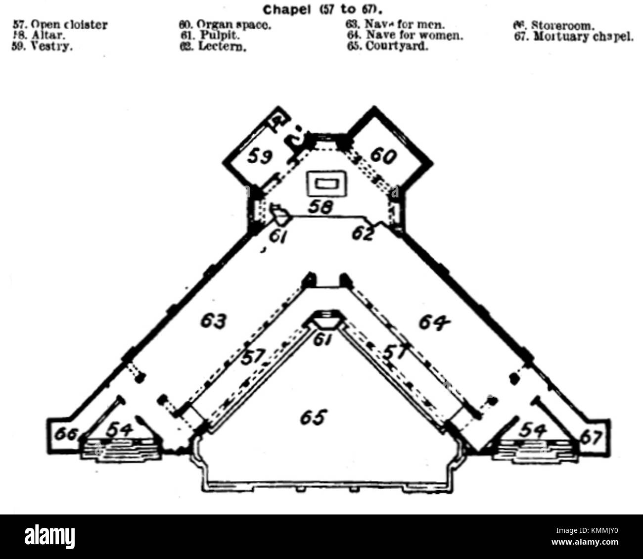 This annotated chapel plan depicts the architectural layout of a chapel ...