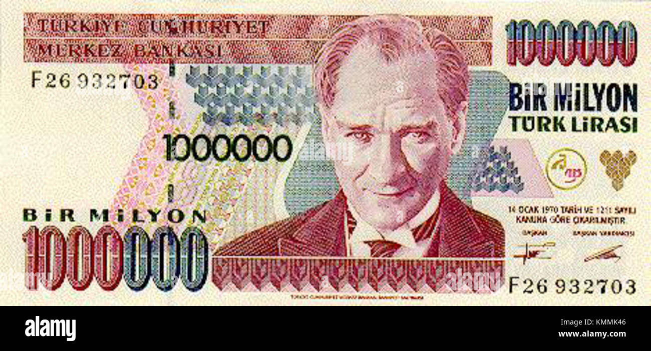 This image shows the obverse side of a Turkish 1 Million Lira banknote ...