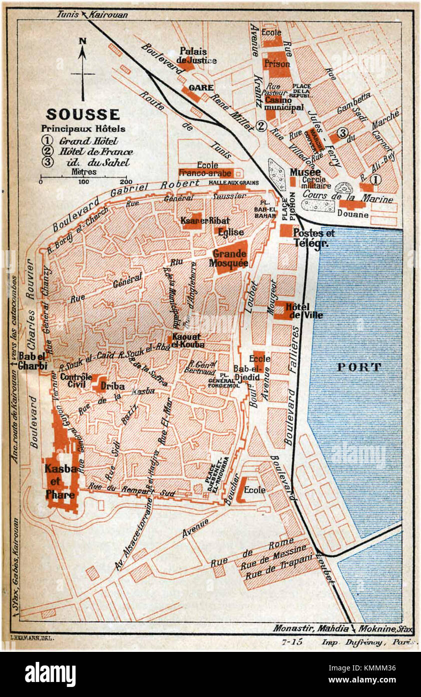 A 1916 map of Sousse, Tunisia, illustrating the city's layout and key ...