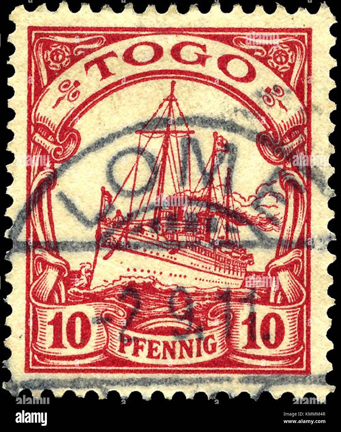 This 1900 postage stamp from Togo features a 10 pfennig denomination ...