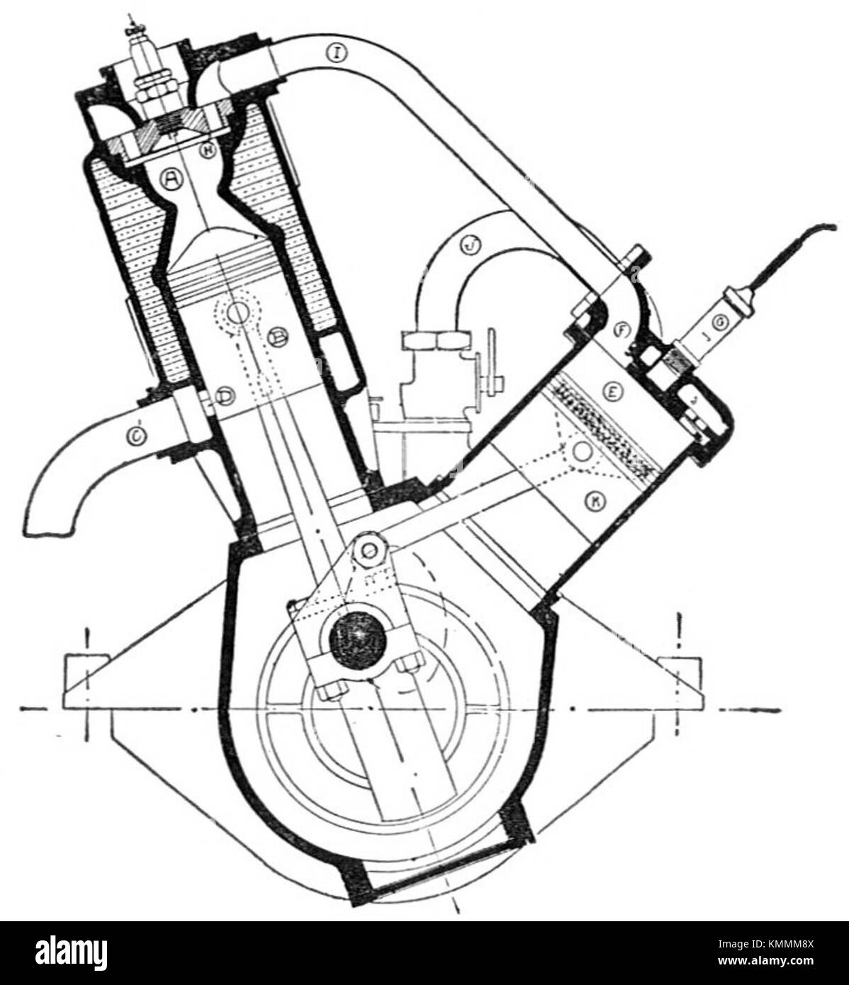 This is a section view of a two-stroke vee-twin engine with pumping ...