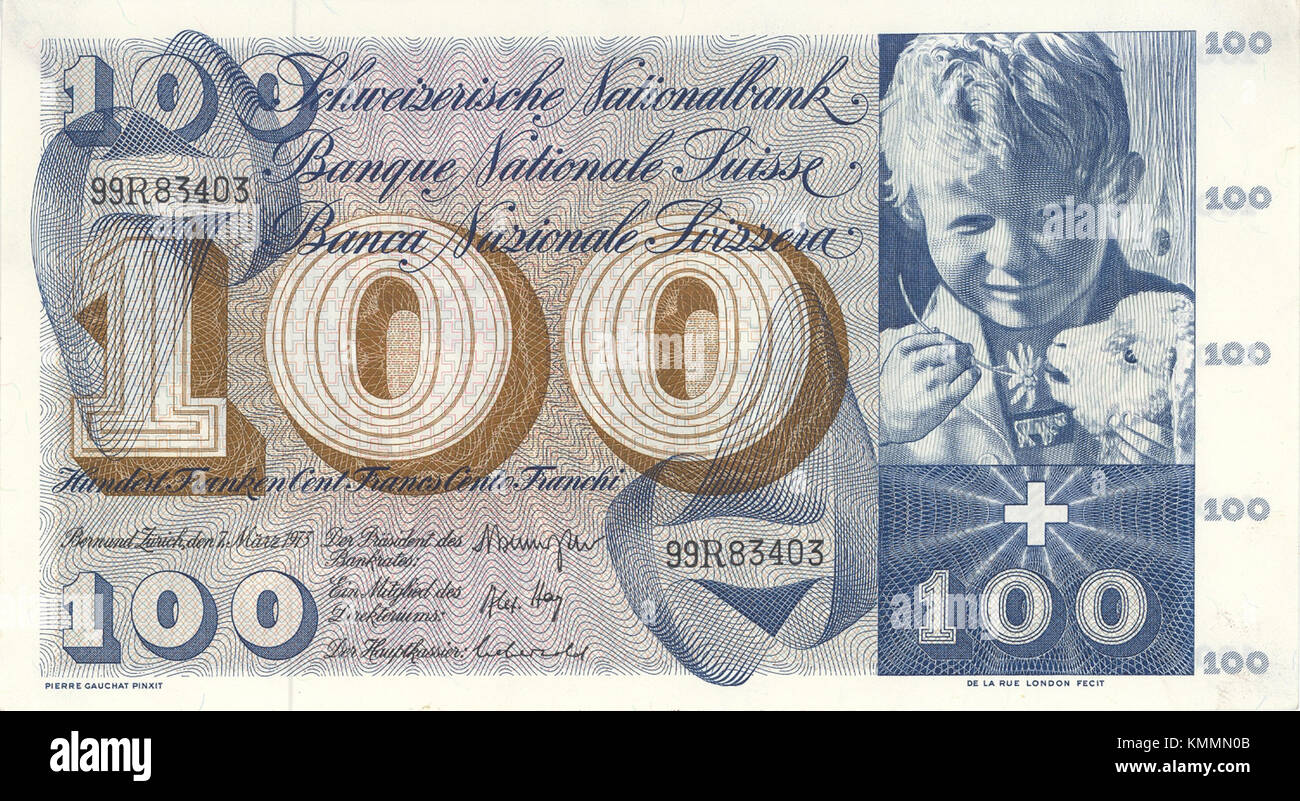 A detailed view of a CHF100 banknote, showing the front horizontal side ...