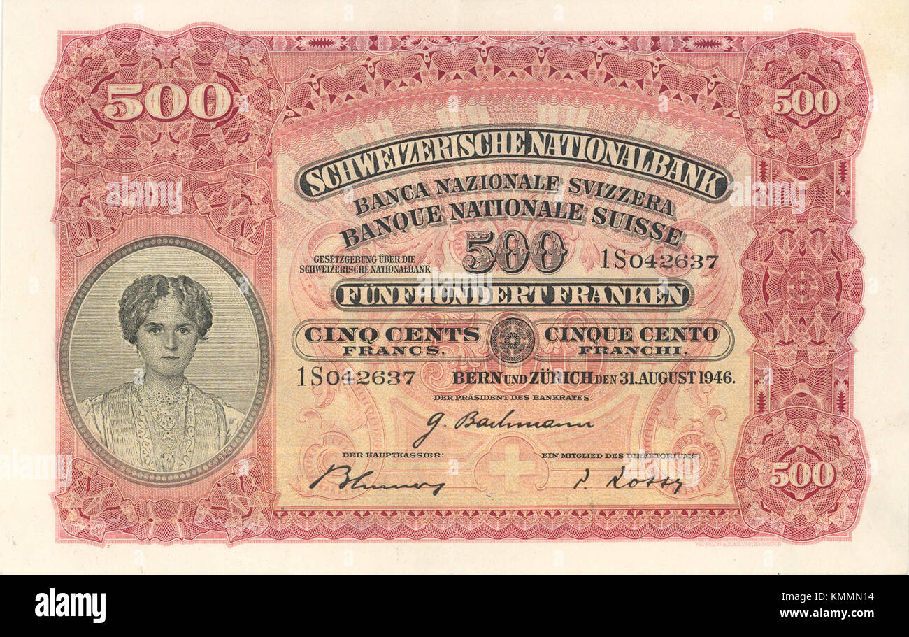 This is a horizontal image of a CHF500 banknote, showcasing its ...