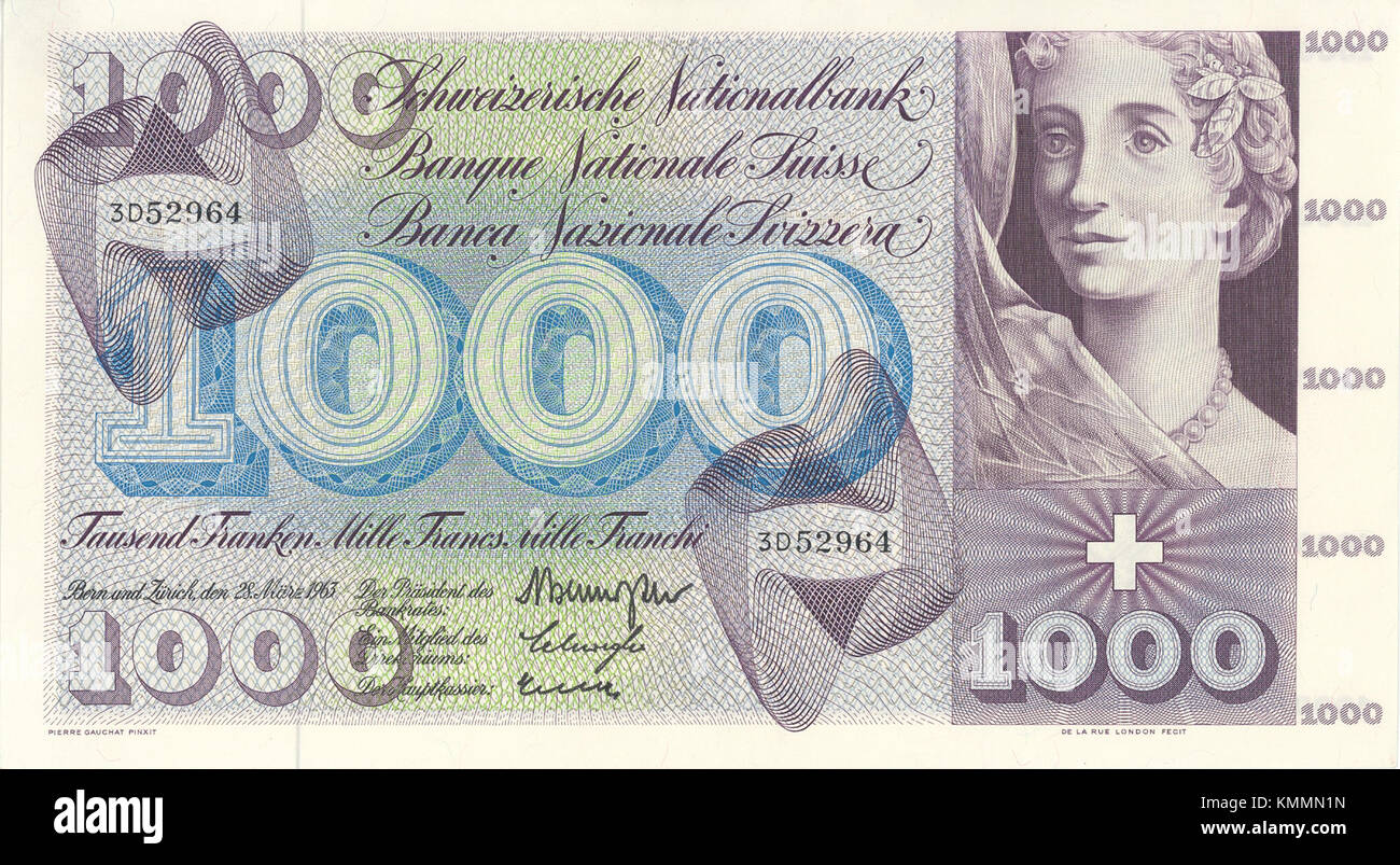 Photograph of the front view of a CHF1000 5 currency note, displayed ...