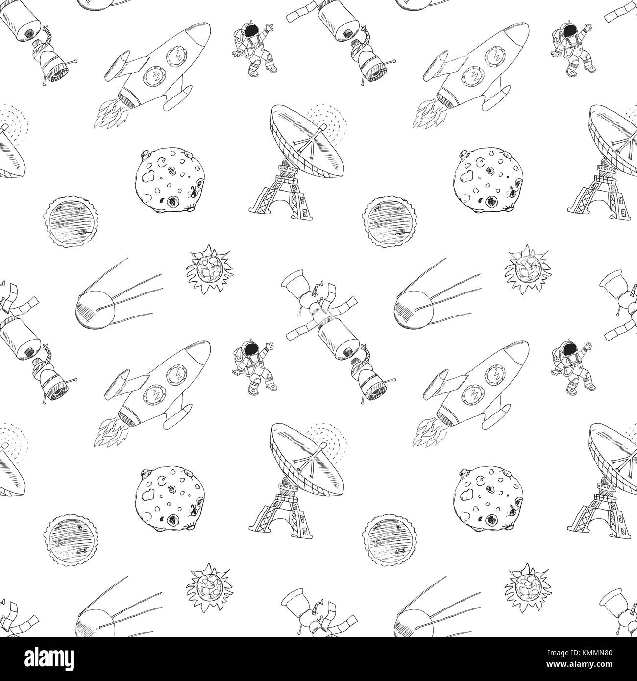Space doodles icons seamless pattern. Hand drawn sketch with meteors ...