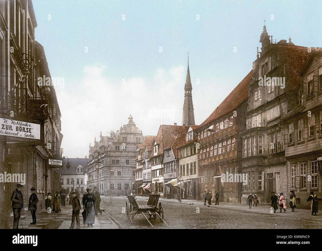 A historical view of Hameln, Germany, around the year 1900. The town ...