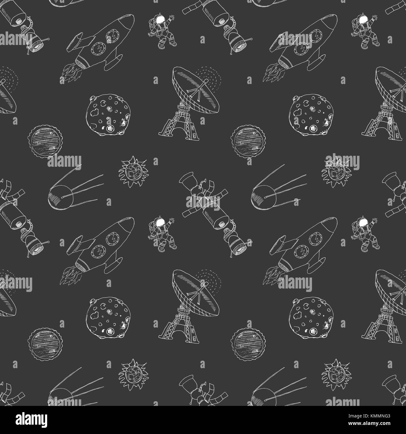 Space doodles icons seamless pattern. Hand drawn sketch with meteors ...