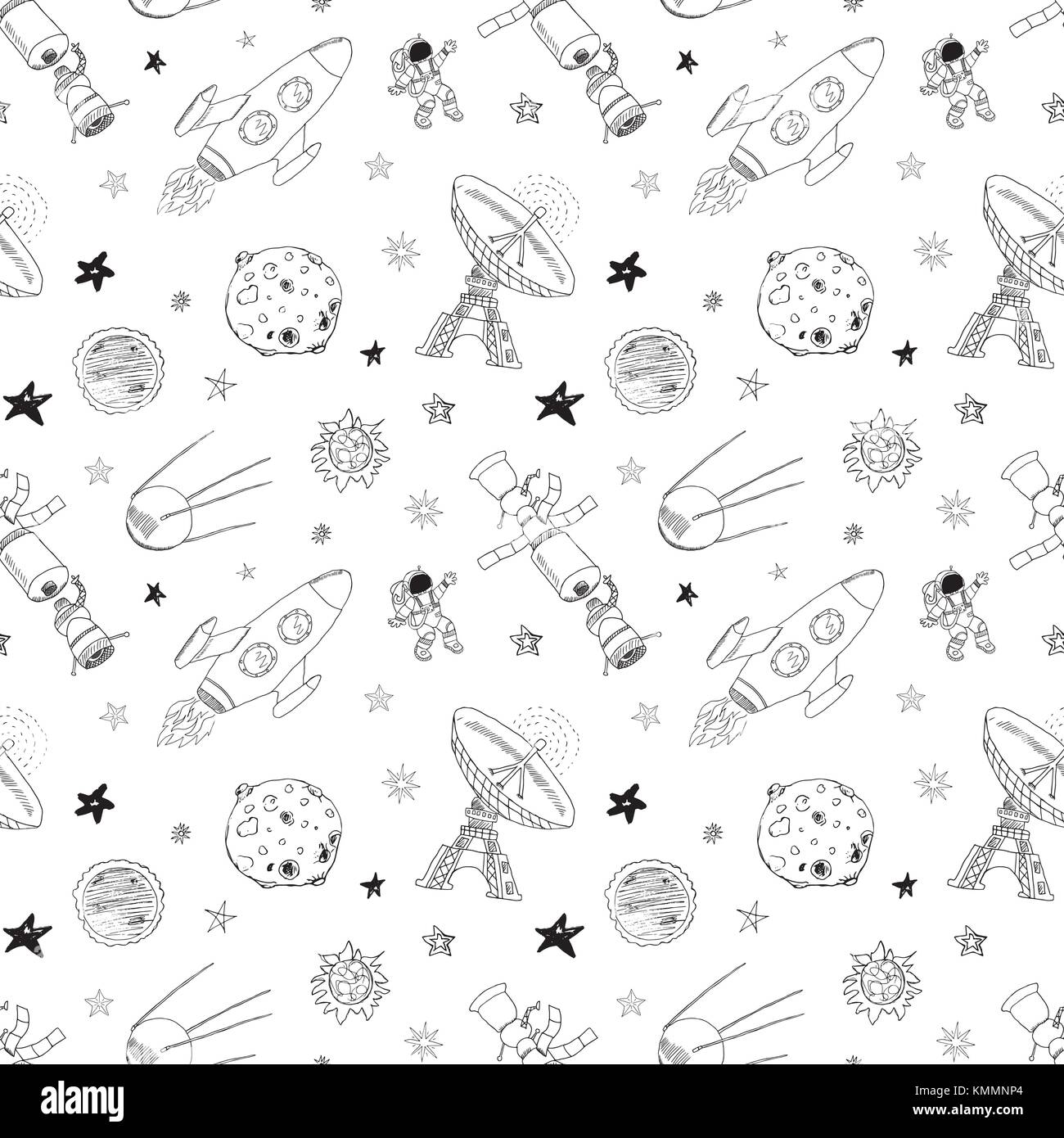 Space doodles icons seamless pattern. Hand drawn sketch with meteors ...