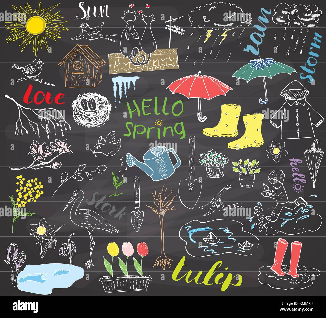 Spring season set doodles elements. Hand drawn sketch set with umbrella ...