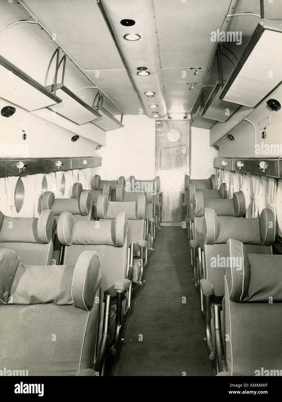 Inside view of the passengers seats of the Avro York aircraft, UK 1950s ...