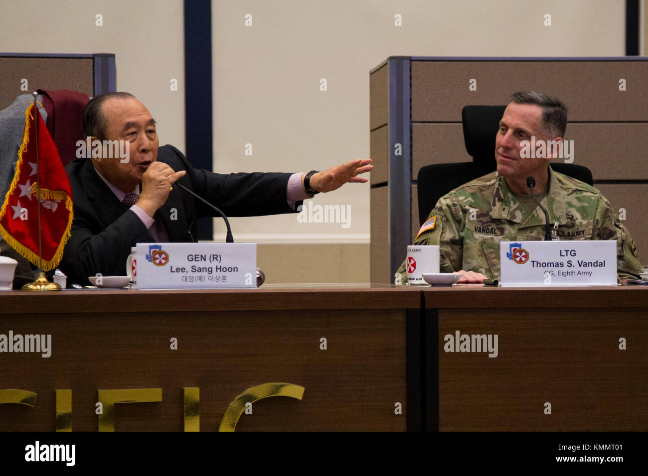 U.S. Army Lt. Gen. Thomas Vandal, 8th Army commanding general, listens to Republic of Korea's ...