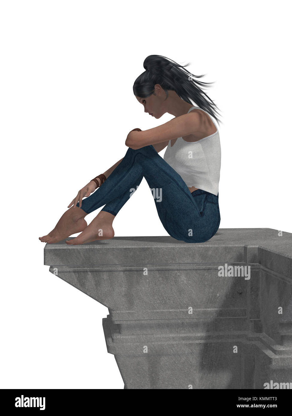 Woman sitting down on a ledge Stock Photo - Alamy