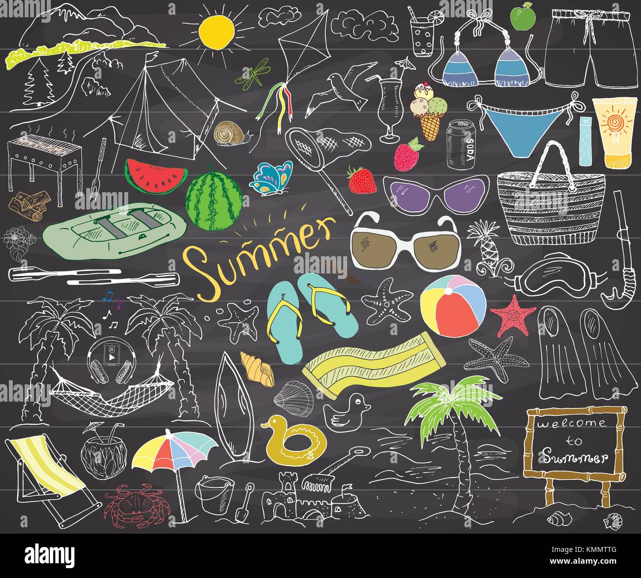 Summer season doodles elements. Hand drawn sketch set with sun ...