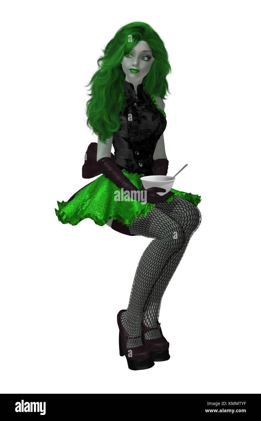 Little miss muffet sitting down with her curds and whey in an green ...