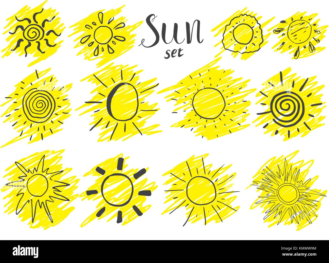Hand drawn set of different suns, sketch vector illustration isolated ...