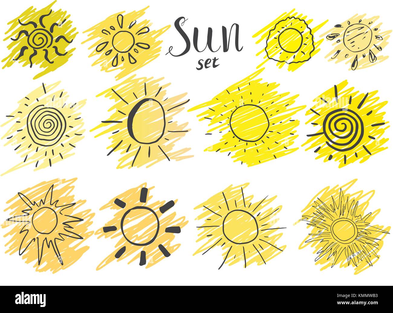 Hand drawn set of different suns, sketch vector illustration isolated ...