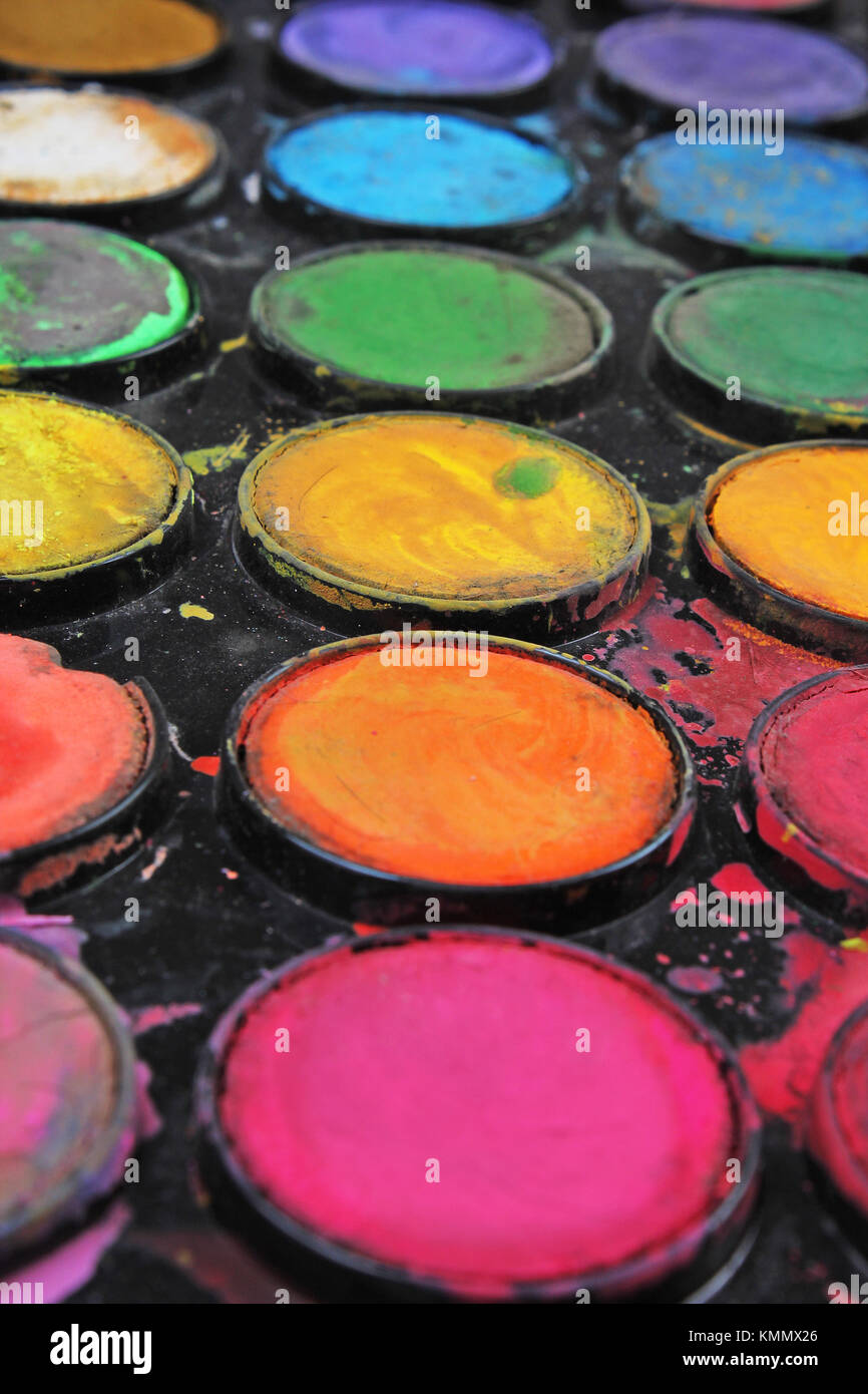 Watercolor used paint palette. Used palette can illustrate creative art ...