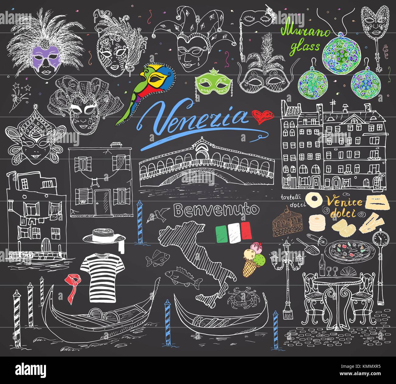 Venice Italy sketch elements. Hand drawn set with flag, map, gondolas ...