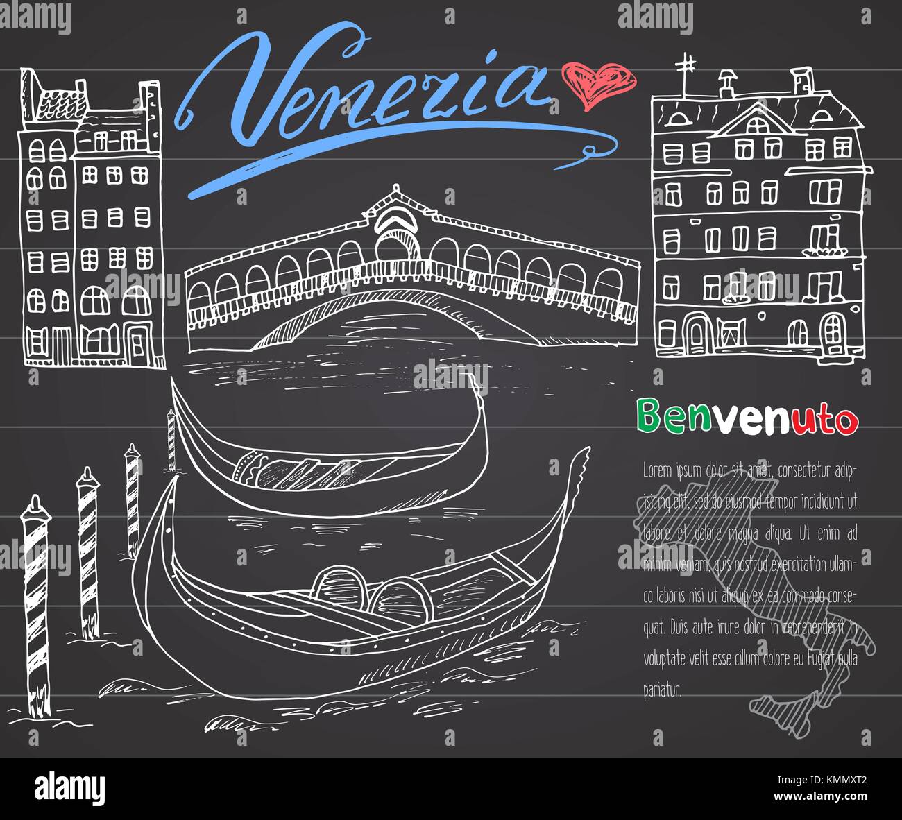 Venice Italy sketch elements. Hand drawn set with flag, map, gondolas ...