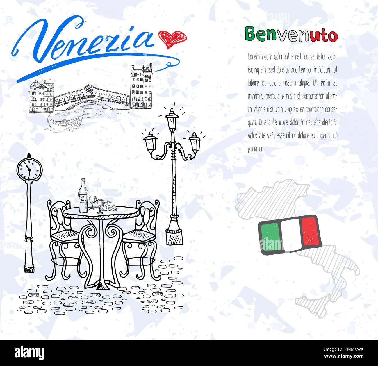 Venice Italy sketch elements. Hand drawn set with flag, map, gondolas ...