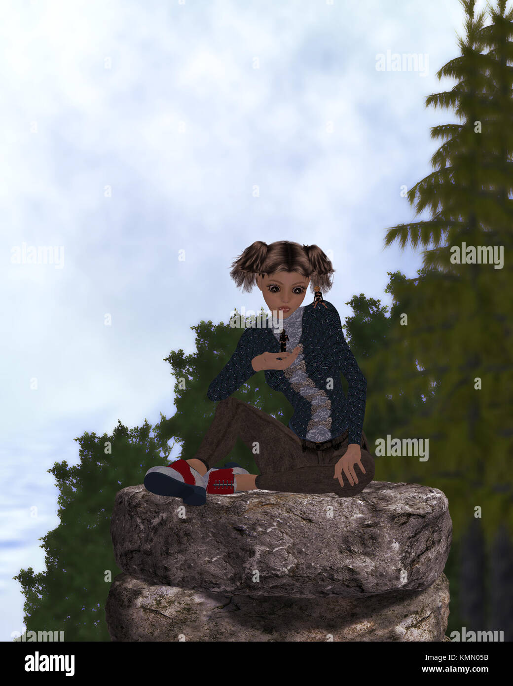 Young girl sitting on a rock talking to two pixies Stock Photo - Alamy