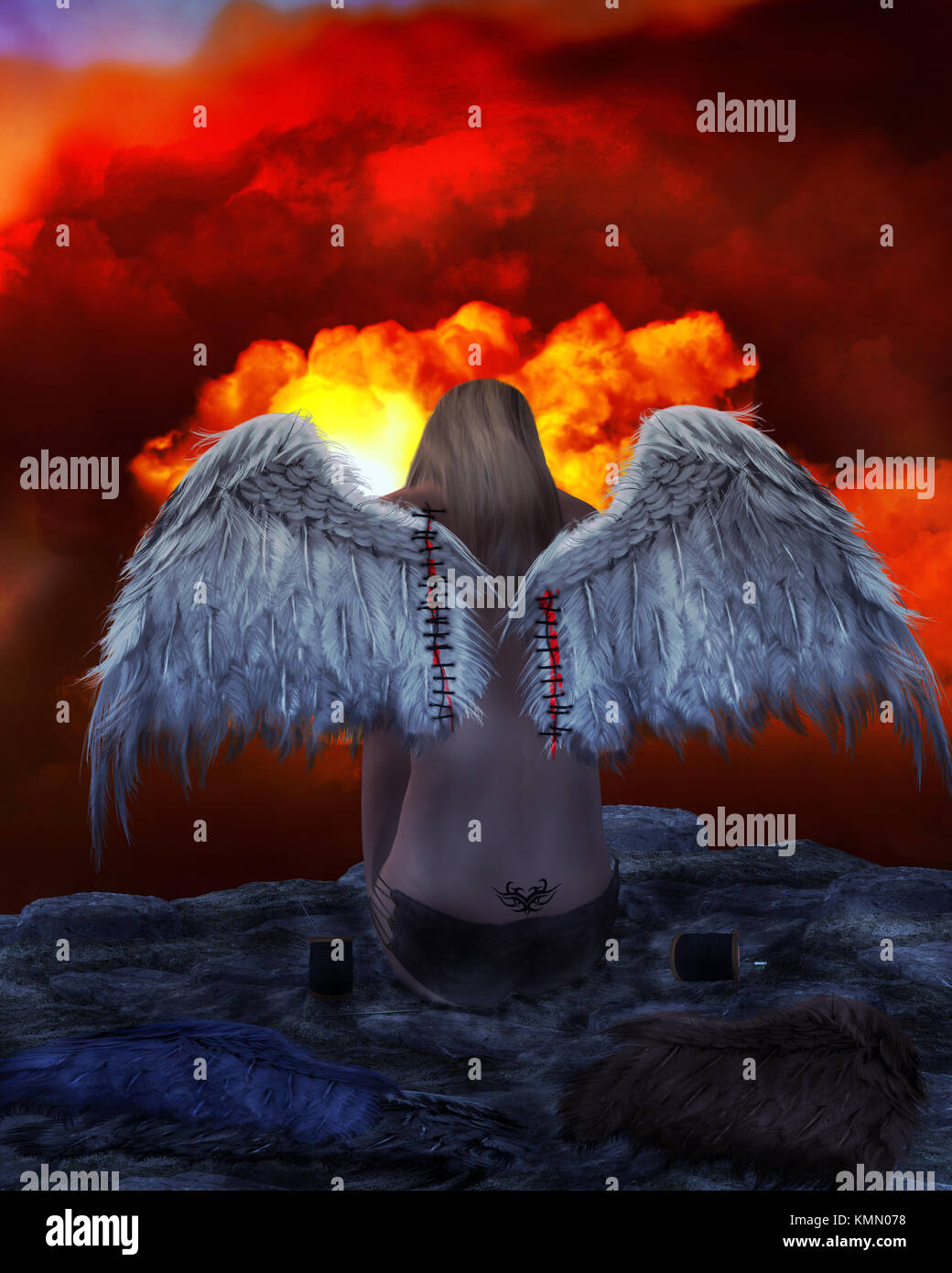 Angel sitting on a ledge overlooking red clouds Stock Photo - Alamy