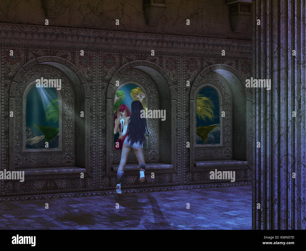 Three mermaids finding the fourth memaid Stock Photo - Alamy