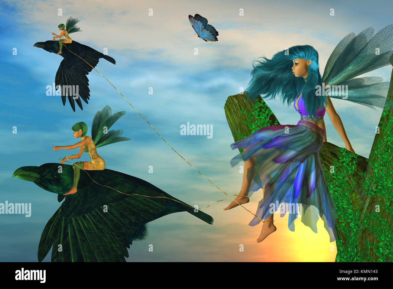 Two fairies sitting on ravens capturing another fairy Stock Photo - Alamy