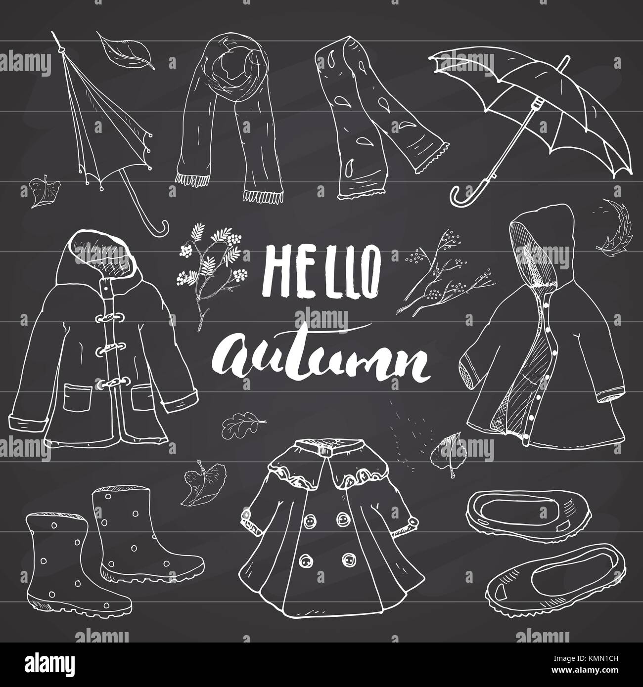 Autumn season clothes set. Hand drawn doodles and lettering vector ...