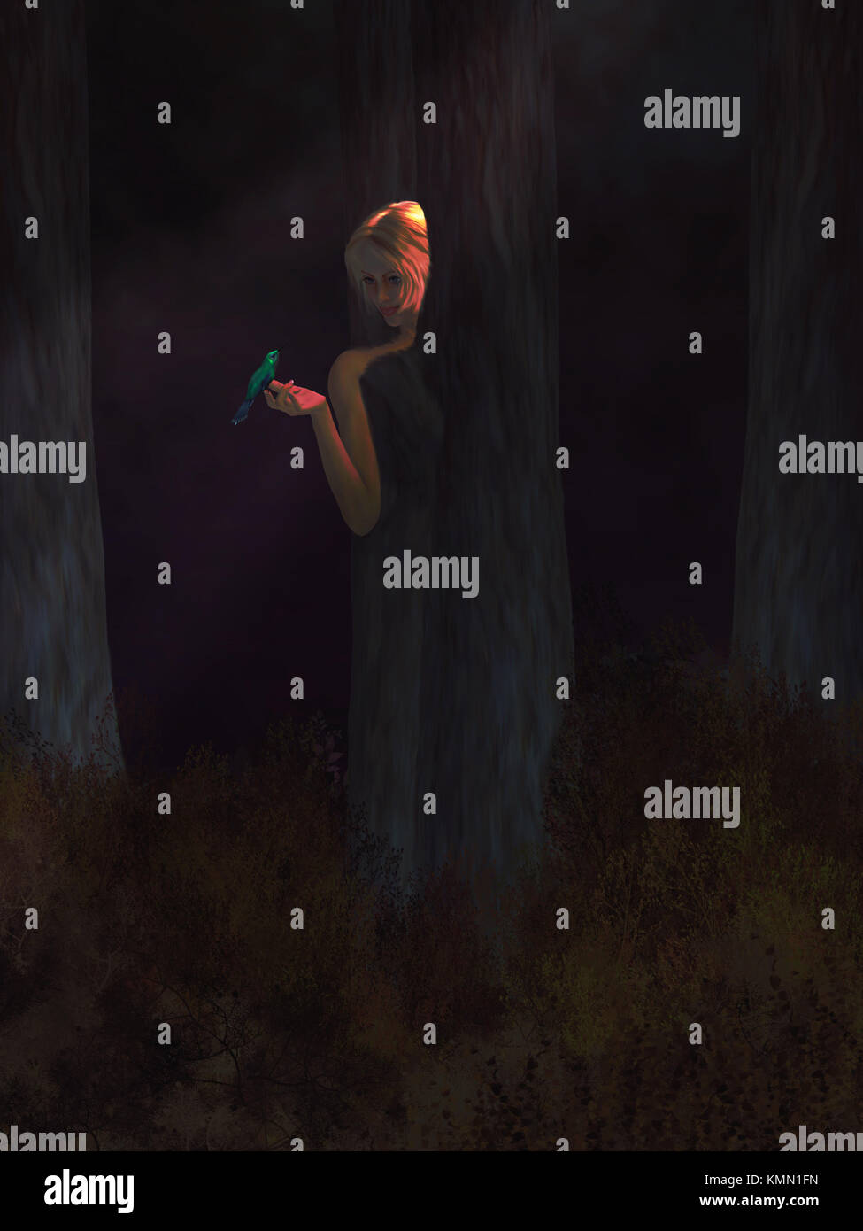 Female forest nymph holding a small bird Stock Photo - Alamy