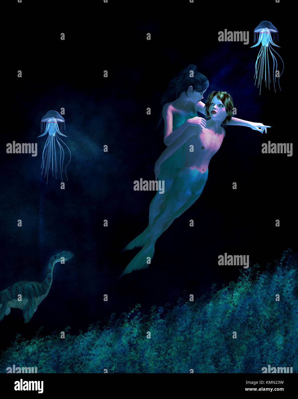Mermaid boy and girl swiming under the sea Stock Photo - Alamy