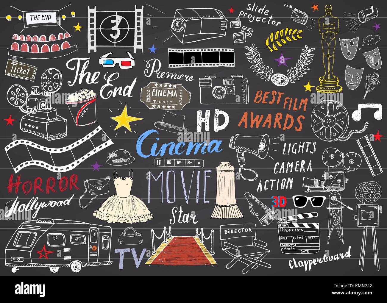 Cinema and Film Industry Set. Hand Drawn Sketch, Vector Illustration on ...