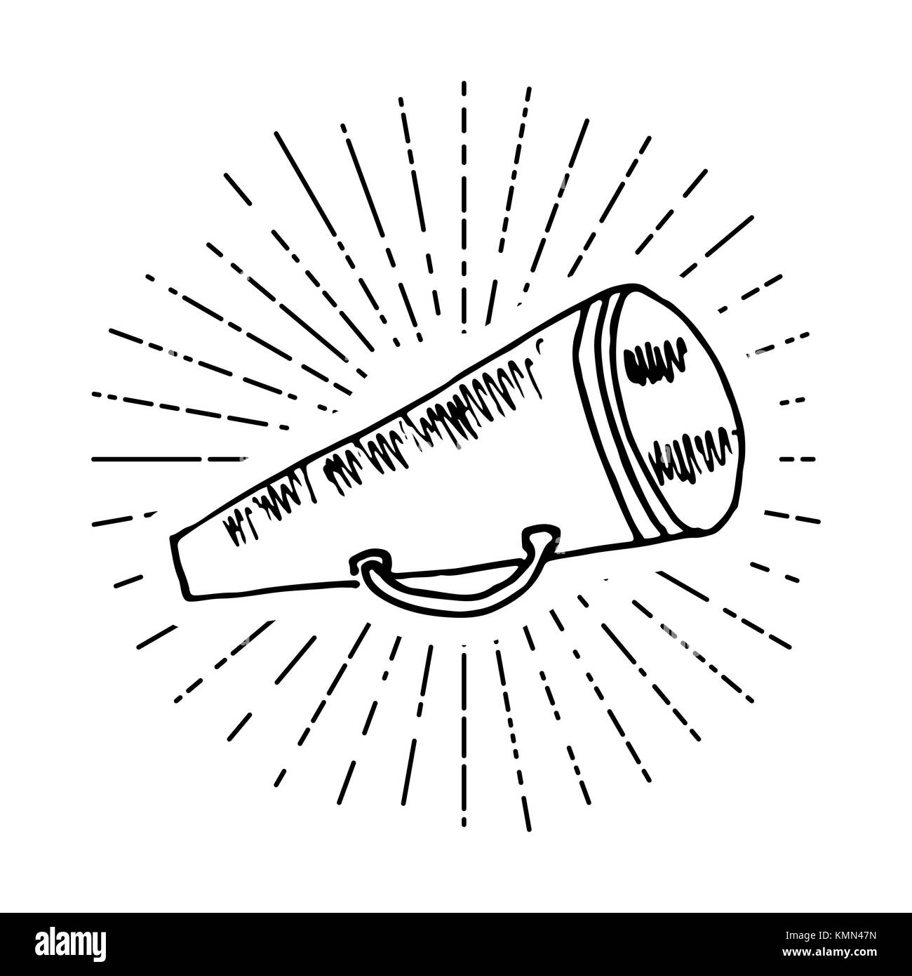 Bullhorn or megaphone, loudspeaker, Hand Drawn Sketch on retro vintage sunrays. Vector ...