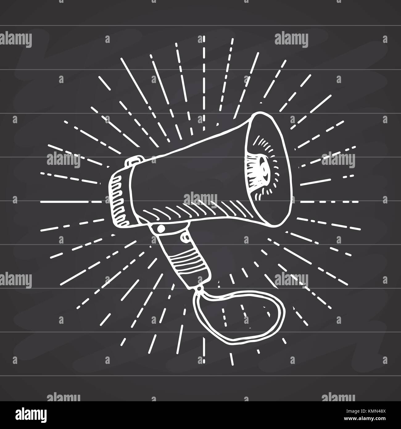Bullhorn or megaphone, loudspeaker, Hand Drawn Sketch on retro vintage sunrays. Vector ...