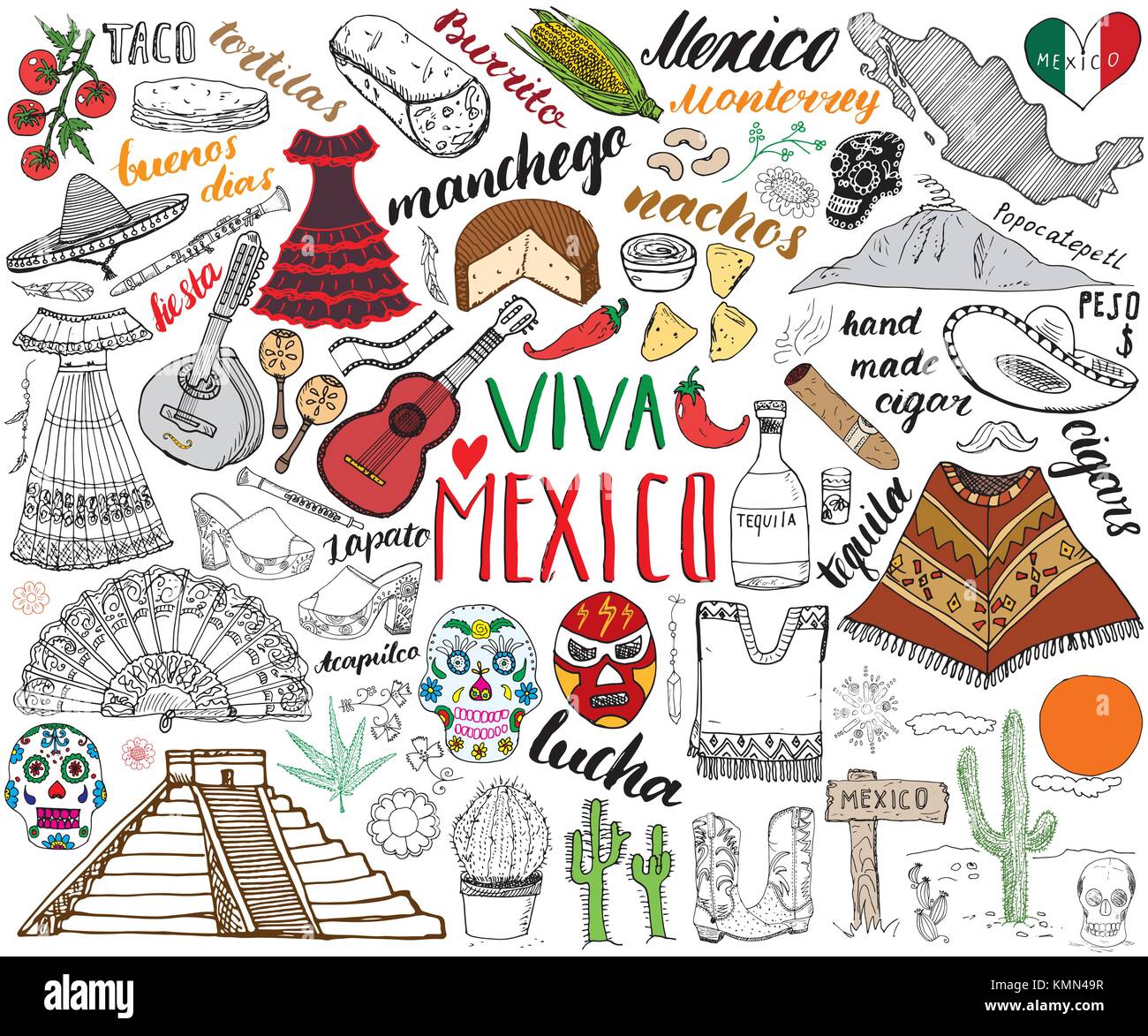 Mexico hand drawn sketch set vector illustration Stock Vector Image ...